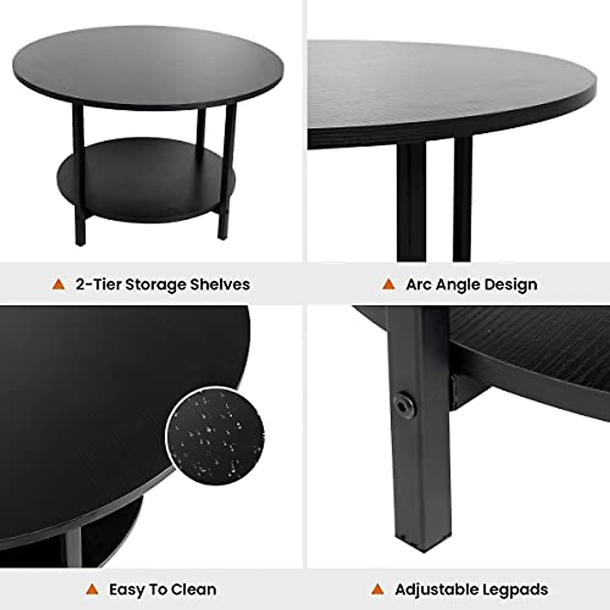 TOYSINTHEBOX Round Coffee Tables, Accent Table Sofa Table Tea Table with Storage 2-Tier for Living Room, Office Desk, Balcony, Wood Desktop and Metal Legs, Black 27.6 Inches