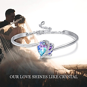 AOBOCO Love Heart Bangle Bracelet Sterling Silver Women Bracelet Embellished with Blue-purple Crystals from Austria, Fine Anniversary Birthday I Love You Jewelry Gifts for Wife Girlfriend Daughter