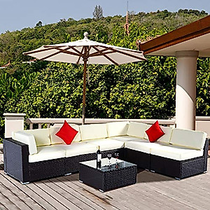 Tangkula 7 pcs Wicker Furniture Set Rattan Wicker Sofas Garden Lawn Patio Sectional Furniture Set Conversation Set with Weather Resistant Coffee Table and Cushioned Seat (Beige Cushion in Glass)