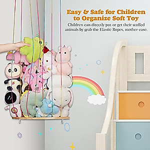 Zayysoha Stuffed Animal Storage Wood Hanging Toy Organizer with Adjustable Elastic Rope, Soft Toy Shelf Large Corner Plush Toys Holder for Nursery Play Room Bedroom Kid Room