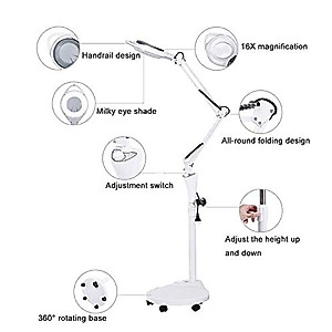 Floor Standing Magnifying Lamp, Adjustable Swivel Arm 16x Magnifier Lamp Light for Skiare Beauty Manicure Tattoo Salon Spa with Rolling Floor Stand Interesting Life