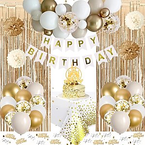Gold Birthday Party Decorations for Women Men Beige Balloons Banner Tablecloth