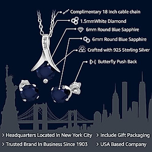 Gem Stone King 925 Sterling Silver Blue Sapphire and White Diamond Pendant and Earrings Jewelry Set For Women (3.05 Cttw, with 18 Inch Silver Chain)