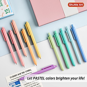 Shuttle Art Ballpoint Pens, 15 Pack Pastel Retractable Black Ink Ball Point Pens, Cute Pens 1.0mm Medium Point Quick Drying for Writing Journaling Taking Notes School Office Home