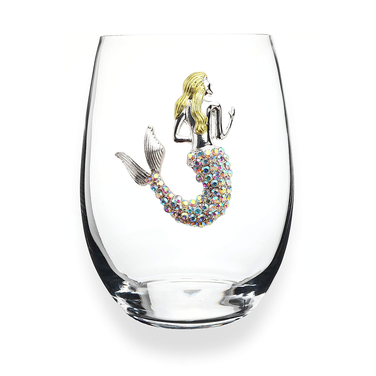 THE QUEENS' JEWELS Aurora Borealis Mermaid Jeweled Stemless Wine Glass, 21 oz. - Unique Gift for Women, Birthday, Cute, Fun, Not Painted, Decorated, Bling, Bedazzled, Rhinestone