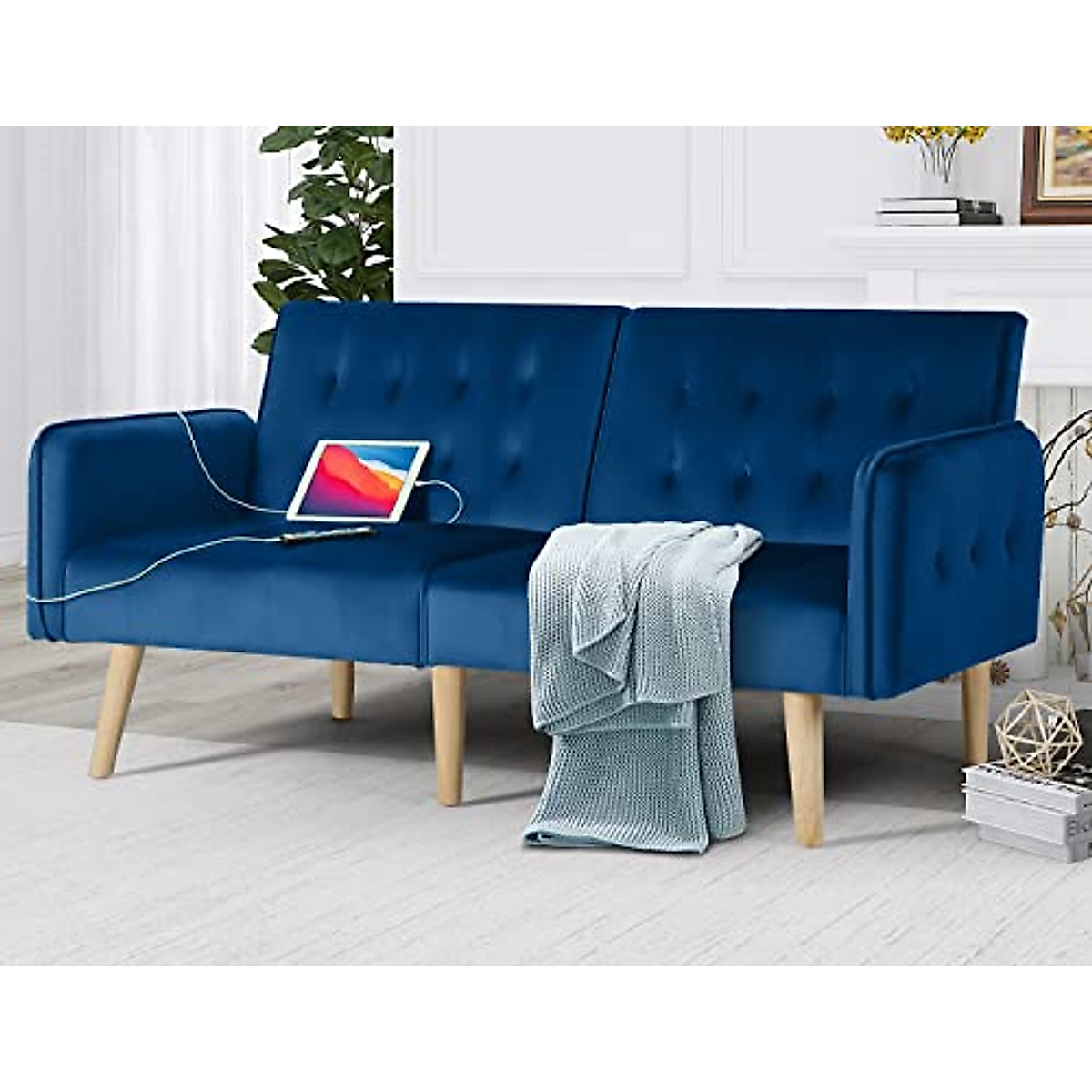TYBOATLE 65"W Velvet Modern Convertible Folding Futon Couch Sofa Bed w/ 2 USB Charging Ports and Arms, Loveseat for Compact Living Space, Dorm, Game Studio, Bonus Room, Apartment, Bedroom (Navy Blue)
