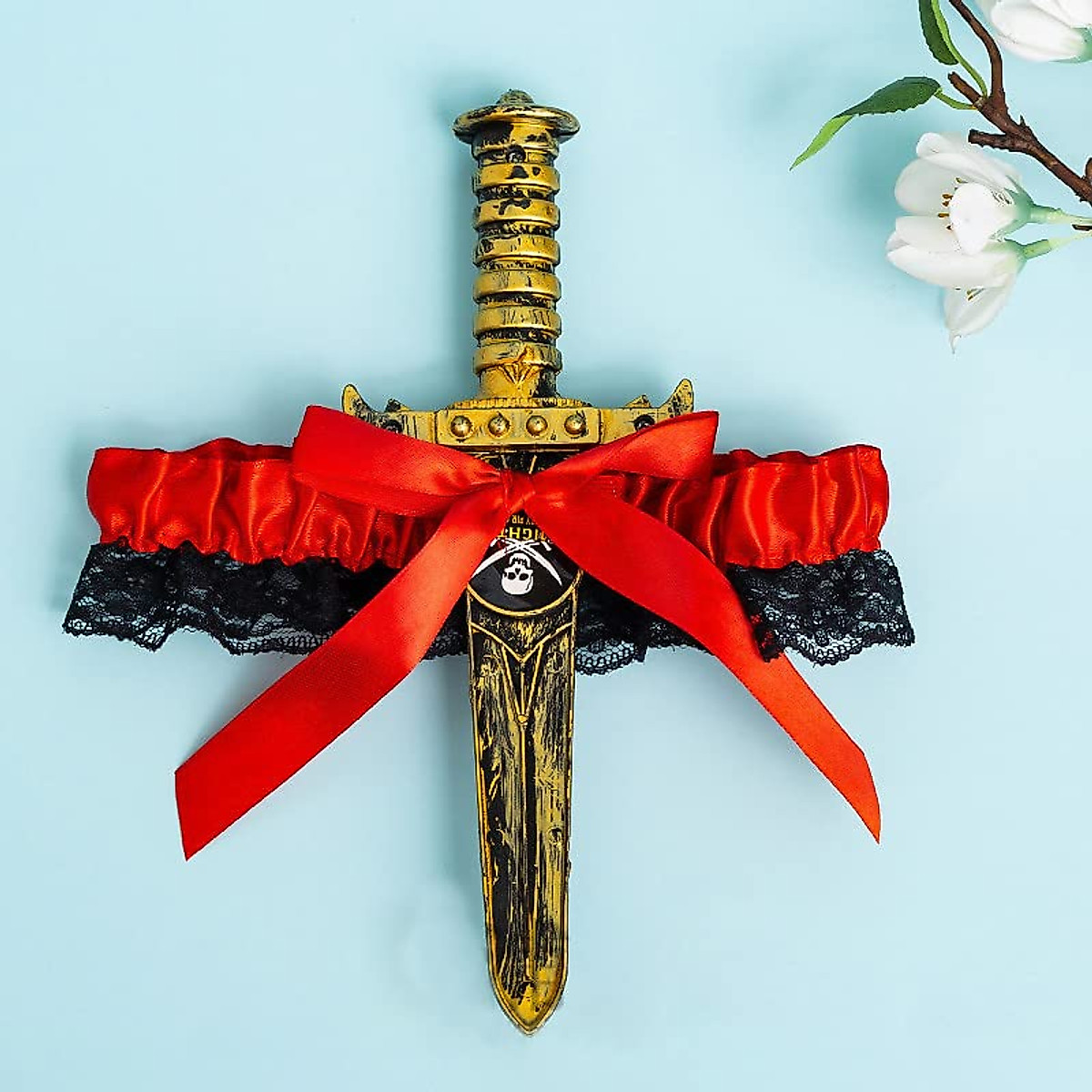 2 Pcs Bow Garter with Pirate Dagger Lace Bow Leg Ring Sword Leg Holster for Halloween Carnival Dress Up Props Women Girls Favor,Red