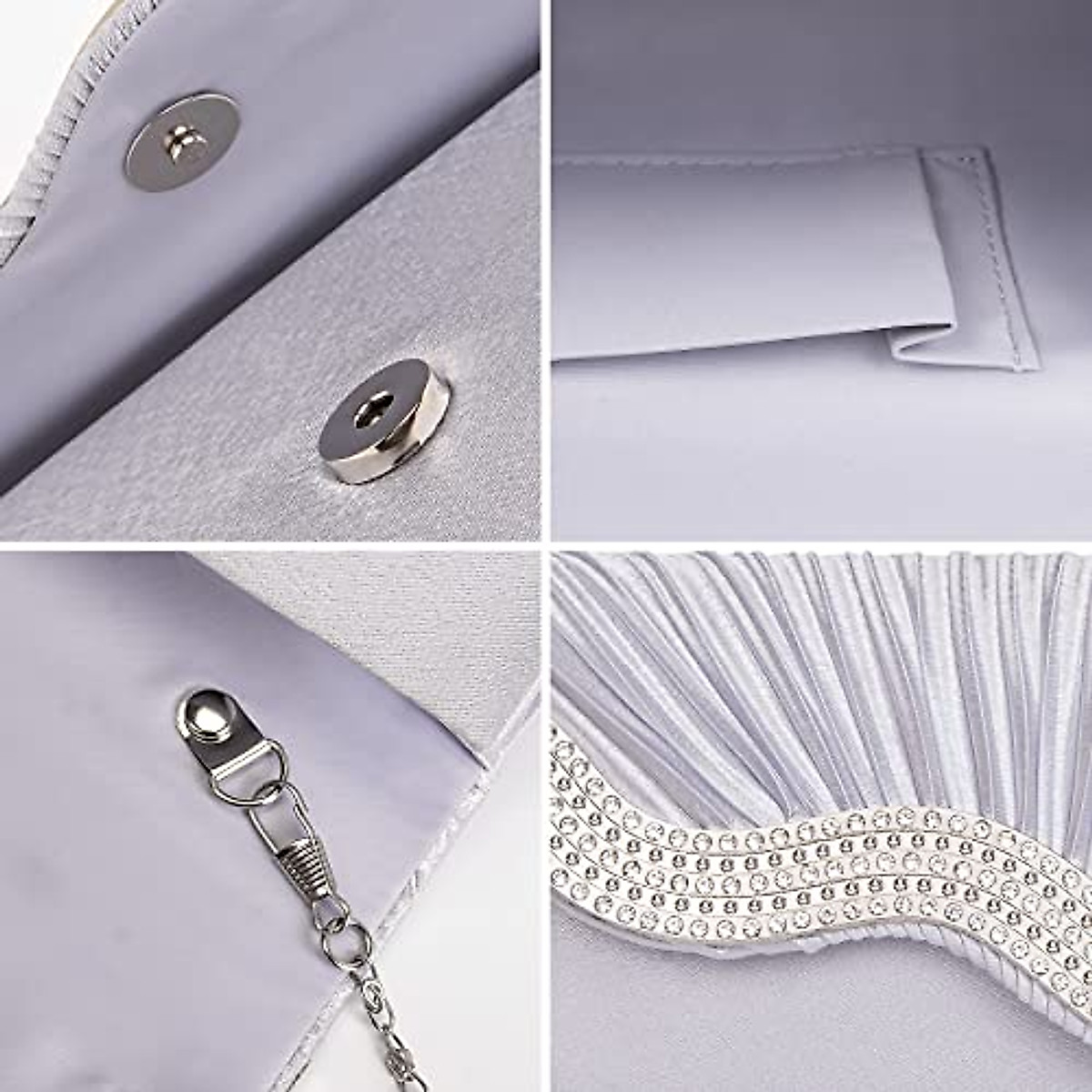 Larcenciel Clutch Purses for Women, Satin Pleated Evening Bag with Detachable Chain, Formal Glossy Envelope Clutch Handbag Shoulder Cross body Bag Bridal Clutch Wedding Clutch Prom Party Purse(Sliver)