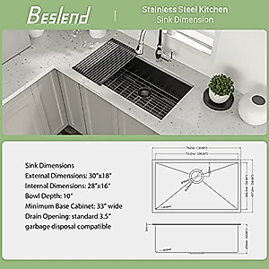 30 Inch Black Undermount Kitchen Sink - Beslend 30"x18"x10" Gunmetal Black Stainless Steel Kitchen Sink 16 Gauge 10 Inch Deep Single Bowl Basin