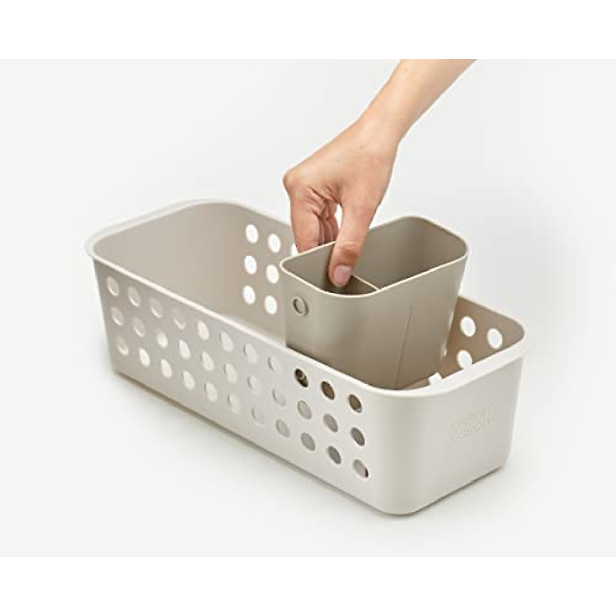 Joseph Joseph EasyStore - Slimline Bathroom essentials Storage Basket Organiser with moveable pot and divider, Ecru