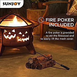 Sunjoy Fire Pit 30 in. Outdoor Wood-Burning Fire Pit, Patio Jack-o-Lantern Motif Round Steel Firepit Large Fire Pits for Outside with Spark Screen and Poker
