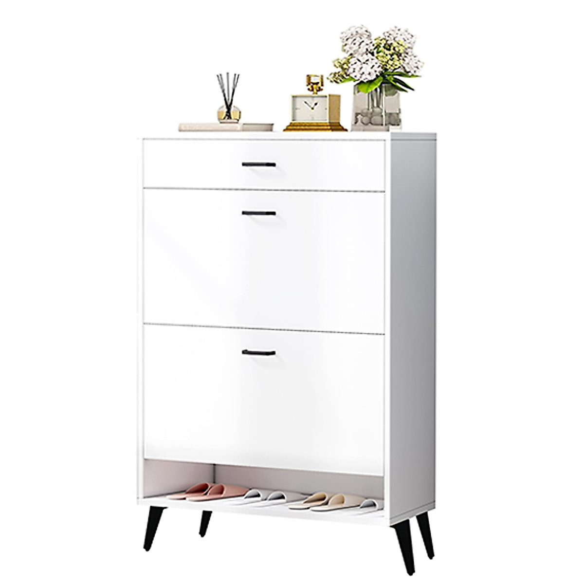 Hosnnile Shoe Cabinet with 1 Slide Drawer & 2 Flip Drawers, Freestanding Shoes Rack Storage Organizer with Metal Legs for Entryway Hallway Bedroom Mudroom (White)