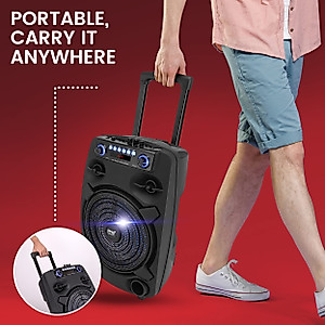 Pyle Portable Bluetooth PA Speaker System - 800W 12” Outdoor Bluetooth Speaker Portable PA System - Party Lights, USB SD Card Reader, FM Radio, Rolling Wheels - Wired microphone, Remote - PPHP127B