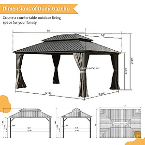 Domi 10' x 14' Hardtop Gazebo Permanent Metal Gazebo with Galvanized Steel Double Roof, Curtains and Netting for Outdoor Dining, Party, Patio, Backyard, Grey