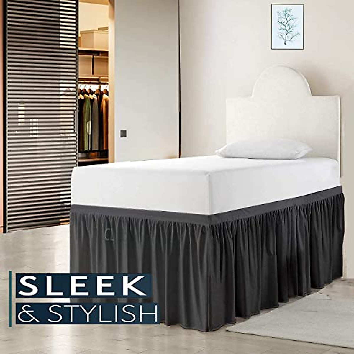 Ruffled Dorm Sized Bed Skirt for Dorm Beds - Three Sided Wrap Around Elastic Bedskirts- Dust Ruffled Bed Skirts 56 inch Tailored Drop - Dark Grey Dorm Room Bedskirts - College Dorm Bed Skirt