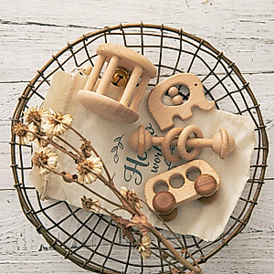 Wooden Baby Toys Montessori Toys Set Wooden Rattles Grasping Toys Wood Ring 4pcs,Car Toy Set