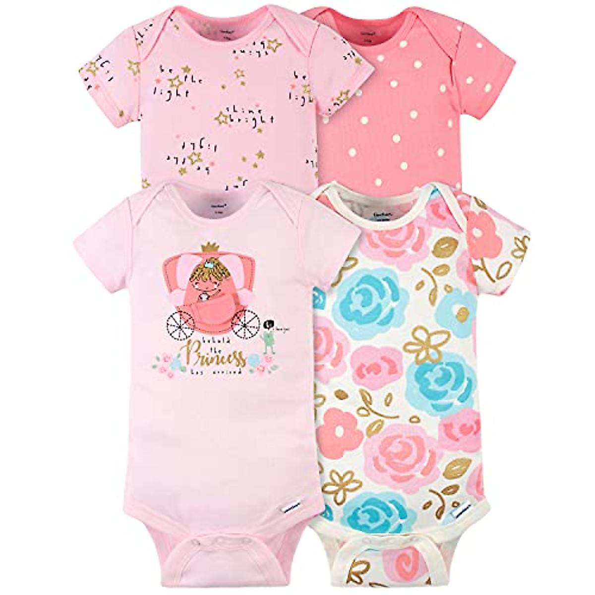 Gerber Baby Girls' 4-Pack Short Sleeve Onesies Bodysuits, Princess Pink, 18 Months