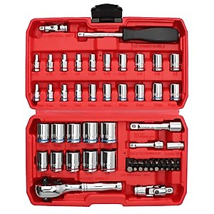 LLNDEI 57pcs 3/8 &1/4 Inch Drive Socket Wrench Sets, Dual Head 72-Teeth 2 Ways Ratchets, 6 Point Metric/SAE Sockets, CR-V, Extensions with 1/4-inch Dr. Bits Set, Universal Joint(5/32-3/4Inch,4-19mm)