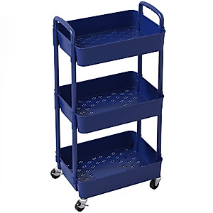 Sywhitta 3-Tier Plastic Rolling Utility Cart with Handle, Multi-Functional Storage Trolley for Office, Living Room, Kitchen, Movable Storage Organizer with Wheels, Blue