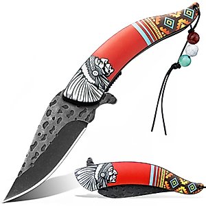 VALHALLA Pocket Folding Knife, Vintage Art Native American Outdoor Folding Knife,Survival Knife With 3D Retro Embossed Pattern, Cool EDC Pocket Knife, Gift For Men