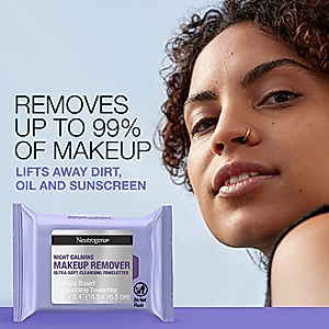 Neutrogena Night Calming Cleansing Makeup Remover Face Wipes, Nighttime Facial Wipes to Remove Dirt & makeup, Leaves Skin Feeling Calm, Alcohol-Free, 100% Plant Based Cloth, 25 ct, Twin Pack