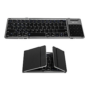 DeLUX Foldable Keyboard with Touchpad and Numeric Keypad, 2.4G Wireless and Bluetooth, Rechargeable Portable Travel Folding Keyboard with PU Leather, for iOS Android Windows Tablet (KF18)