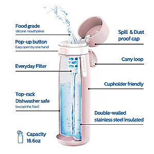 PHILIPS Insulated Stainless Steel Filtered Water Bottle, Replaces 450 Plastic Bottles with 3 GoZero Everyday Water Filters, BPA-Free, Keeps Cold/Hot, 18.6oz Pink