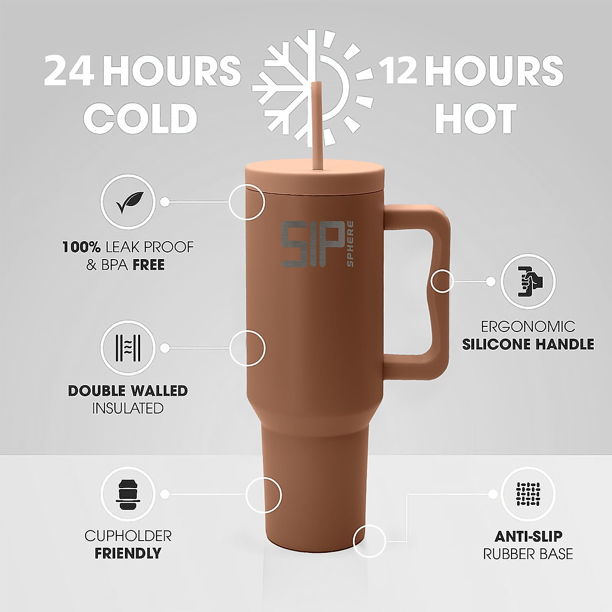 SIP SPHERE Tumbler 40oz Insulated Travel Mug with 2 Straws Double Wall Vacuum Insulated Car Cup Keeps Drinks Hot & Cold (Brown)