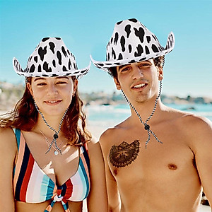TOPORTY Cow Print Cowboy Hat White and Black Felt Hat with Adjustable Lanyard Cowboy Style Hat for Men and Women