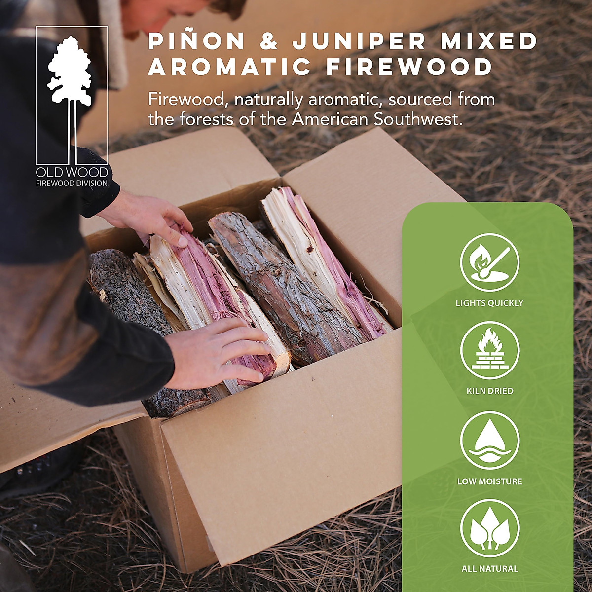 Old Wood Piñon and Juniper Firewood, Approximately 70lbs Box - Aromatic Blend for Indoor and Outdoor Use, 13"-14" Length, Southwest Scent - Fireplace, Fire Pit, Ambiance - 35 Box Packaging