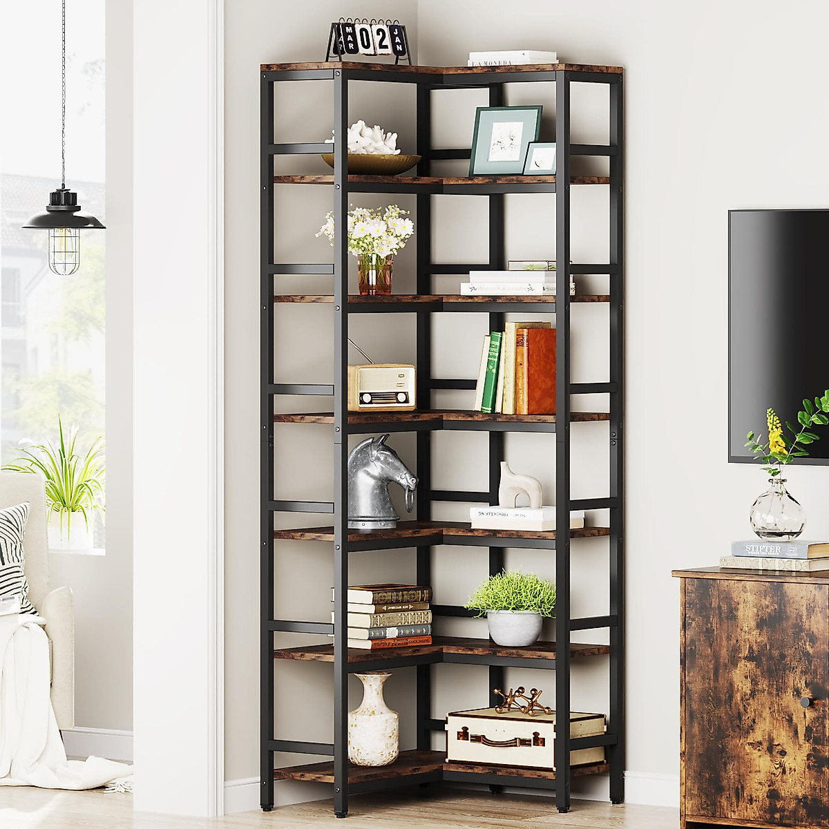 Tribesigns 78.74” Tall Corner Shelf, 7 Tier Industrial Corner Bookcase Storage Display Shelves for Living Room Home Office, Rustic Brown