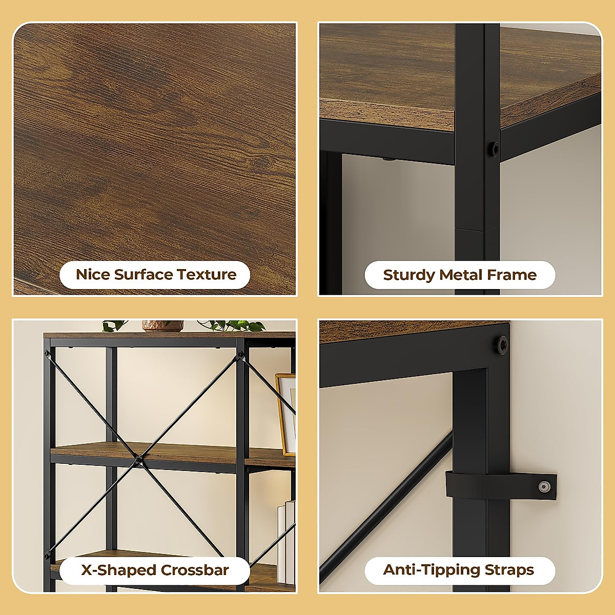 BTHFST Corner Bookshelf with 6 Fabric Drawers, Convertible Tall Bookcase 7 Tier, Industrial Book Shelf with Metal Frame, Wide Bookshelves for Living Room Home Office, Rustic Brown & Black