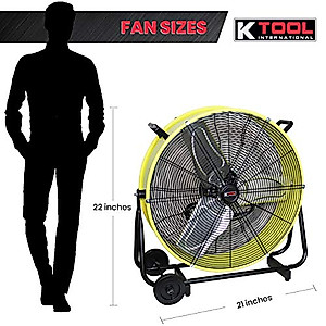 K Tool International 77740; 24 Inch Fan; Heavy Duty Commercial Fan, 2 Speed Motor, Ideal Air Circulator for Greenhouse, Garage, and Patio; Rubber Wheels for Easy Mobility, 6,940 Max CFM, Safety Yellow