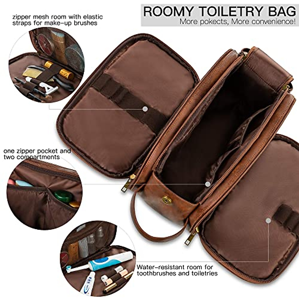 Elviros Toiletry Bag for Men, Large Travel Shaving Dopp Kit Water-resistant Bathroom Toiletries Organizer PU Leather Cosmetic Bags (Medium, Dark Brown)