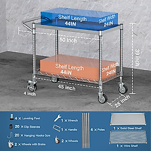 Leteuke 2 Tier Utility Cart with Wheels, NSF Certified 900LBS Capacity Heavy Duty Rolling Utility Carts with Handle Bar, Commercial Grade Metal Serving Storage Cart for Warehouse Garage Kitchen,Silver