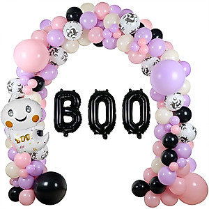 Halloween Balloon Garland Kit, 111 Pcs 18" 12" 5" Black Pink Purple Latex Balloons with 18" BOO Ghost Foil Balloon Halloween Decorations for Girls Halloween Day Decoration Halloween Party Supplies