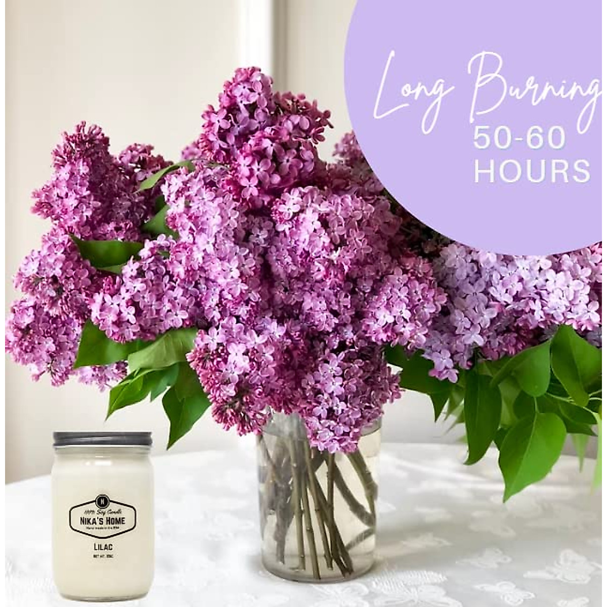 Nika's Home Lilac Soy Candle 12oz Mason Jar Non-Toxic White Soy Candle-Hand Poured Candle- Handmade, Long Burning 50-60 Hours Highly Scented All Natural, Clean Burning Large Candle Gift Décor