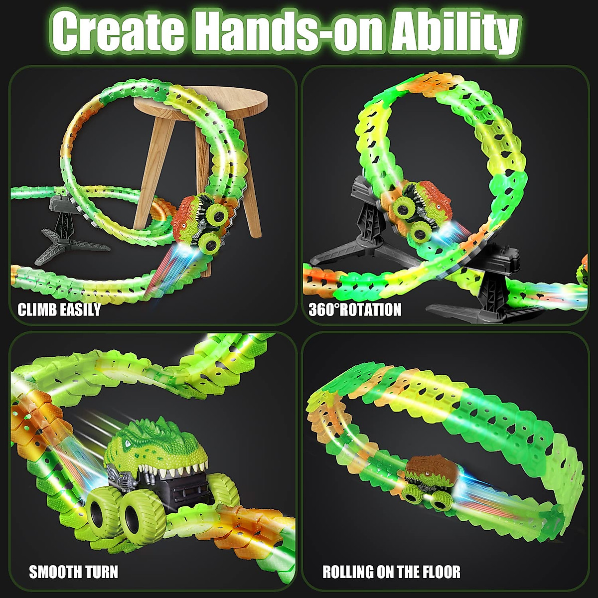 OSALON Dinosaur Race Car Tracks Toys Set for Kids Boys Girls Ages 3 4 5 6+ Electric Dinosaur Turkc Cars with Strong Suction Cup,Steady Tripod 130+ Pcs Train Car Tracks Birthday Gift Christmas