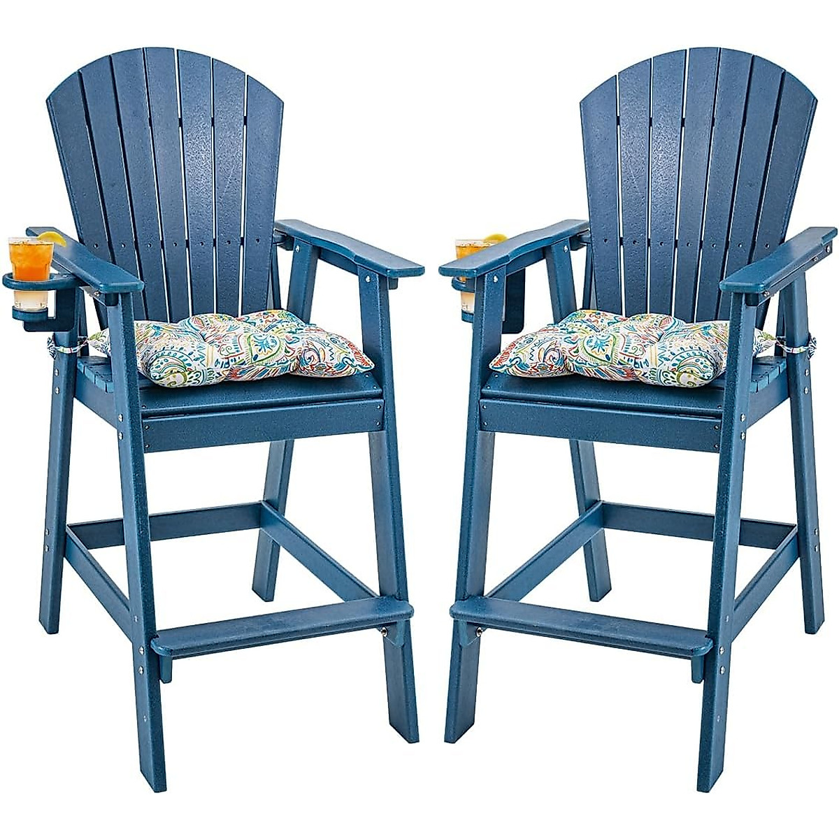 Sundale Outdoor Adirondack Bar Chairs Set of 2, Patio HDPE Bar Stools with Backrest, 30 Inch Seat Height Bistro Tall Dining Counter Barstools with Cushion, All-Weather Pub Height Chair, Navy Blue