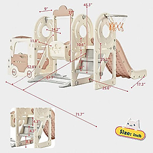 Tensun 5 in 1 Toddler Slide and Swing Set, Bus Playhouse Freestanding Slide Playset with Basketball Hoop for Indoor Outdoor Backyard Playground, Beige+Pink
