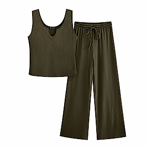 PRETTYGARDEN Womens Summer Casual Two Piece Outfits Sweatsuits Tank Scoop Neck Ribbed Knit Long Pants Tracksuits(Army Green, Medium)