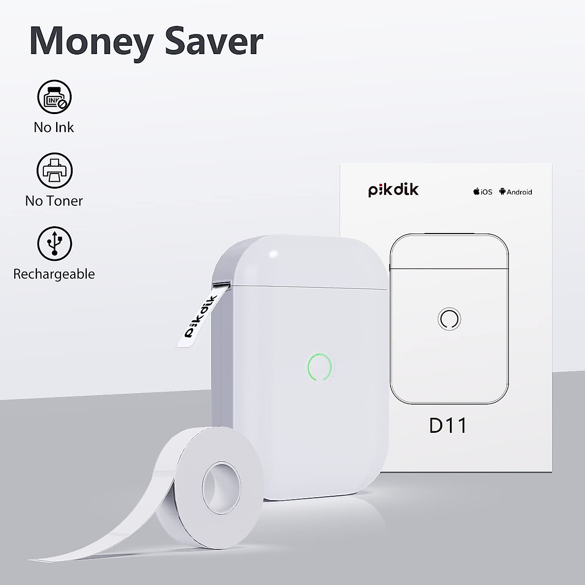 PikDik Mini Bluetooth Label Makers - D11 White Label Maker Machine with Tape Portable Label Printer Labeler for Labeling Jars Bins Home Organizing Office