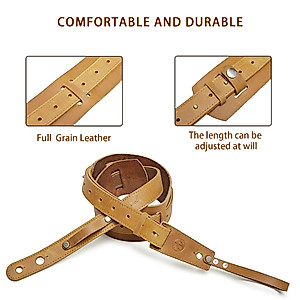 Jeereal Full Grain Genuine Padded Leather vintage Guitar Straps（3.0 Inches Width） for Electric, Acoustic, and Bass Guitars (Yellow Brown)