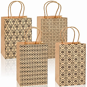 Elsjoy 100 Pack Kraft Paper Bags with Handles, 5.3x3.8x8 Brown Small Gift Wrap Bags Geometric Kraft Shopping Bags Merchandise Bags for Packaging, Party Favor, Retail Stores, 4 Styles