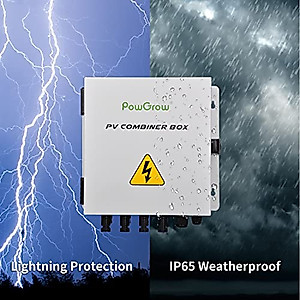 PowGrow PV Combiner Box, 4 String Metal Solar Combiner Box with 15A Rated Current Fuse, Surge Protective Device and 50A Air Circuit Breaker for On/Off Grid Solar Panel System, Pre-Wired Cable