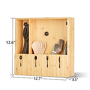 Bamboo Kitchen Utensil Holder for Countertop - Wall Mount Available - Cooking Utensil Caddy with 4 Compartments, Farmhouse Kitchen Decor, Wooden Utensil Organizer for counter