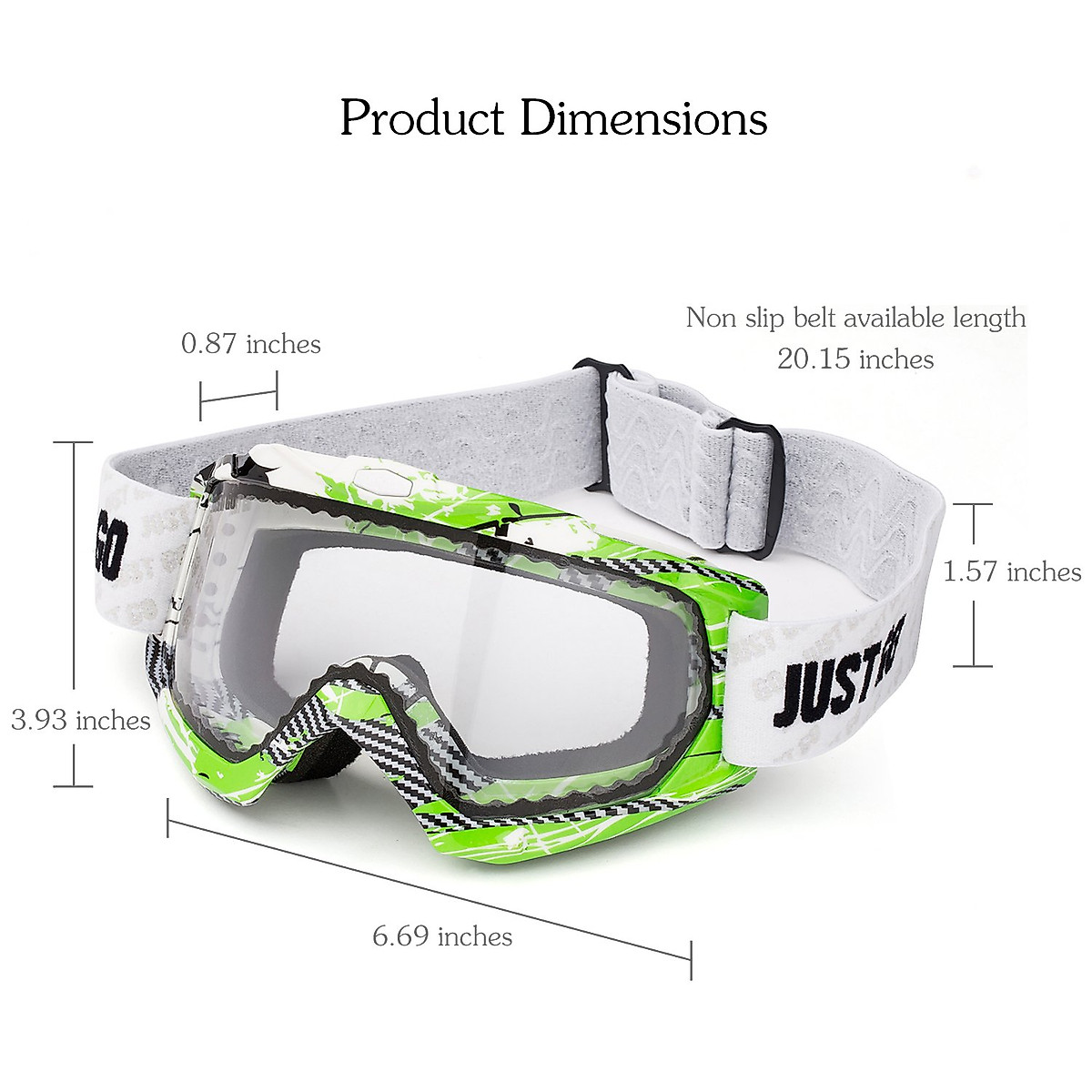 JUST GO Ski Goggles for Skiing Dual-Layer Anti-Fog 100% UV Protection lens Snowboard Goggles, Green and White Frame/Clear Lens (VLT 81.2%)