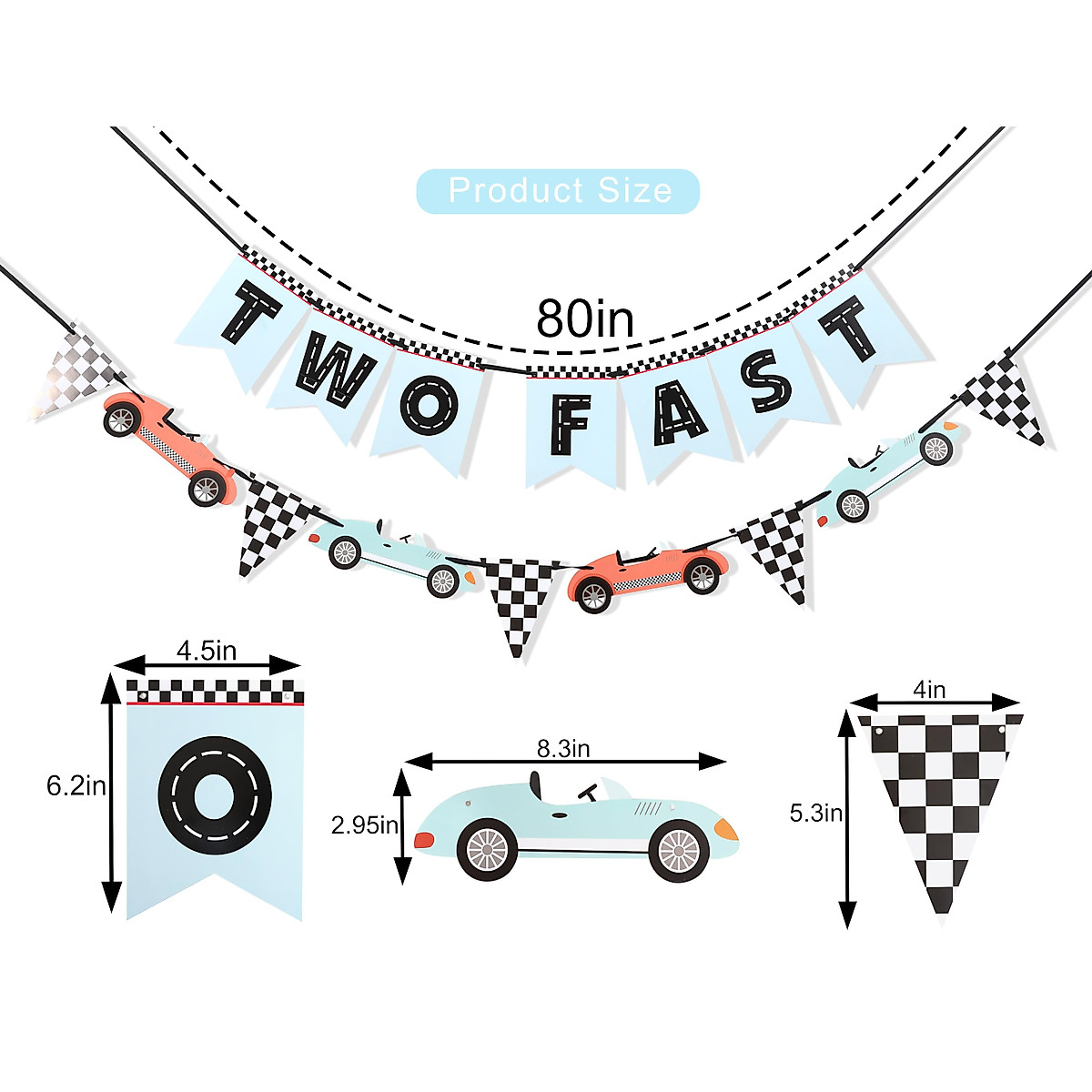 Two Fast Banner - Two Fast Birthday Decorations,Two Fast Car Birthday Party,Racing Second Birthday Decorations,Race Car Two Fast Flag Banner