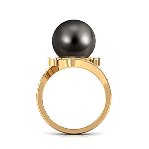 Rosec Jewels June Birthstone - 13 CT Statement Solitaire Ring with Tahitian Pearl and Diamond (AAA Quality), 14K Yellow Gold, Size:US 8.00
