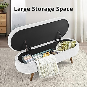 TRIPLE TREE 43.5" Storage Ottoman Bench with 250lb Seating, Linen Upholstered Wood Legs Safety Hinge Flip Top Oval Foot Rest Long Stool for Sofa Couch Bedroom End of Bed Living Room Entryway, White